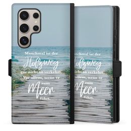 DeinDesign Galaxy S24 Ultra Handy Klapph&uuml;lle Handyh&uuml;lle aus Kunst Leder schwarz Flip Case Statement Beach Spruch Sideflip mit Lasche