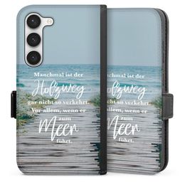 DeinDesign Galaxy S23 Handy Klapph&uuml;lle Handyh&uuml;lle aus Kunst Leder schwarz Flip Case Spruch Beach Statement Sideflip mit Lasche