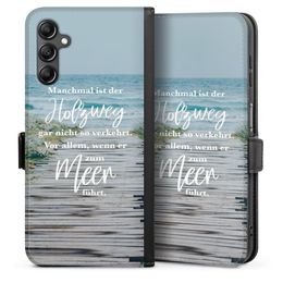 DeinDesign Galaxy A14 5G Handy Klapph&uuml;lle Handyh&uuml;lle aus Kunst Leder schwarz Flip Case Statement Beach Spruch Sideflip mit Lasche