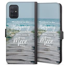 DeinDesign Galaxy A71 Handy Klapph&uuml;lle Handyh&uuml;lle aus Kunst Leder schwarz Flip Case Statement Beach Spruch Sideflip mit Lasche