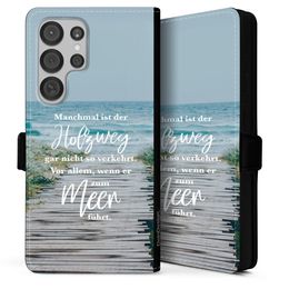 DeinDesign Galaxy S25 Ultra Handy Klapph&uuml;lle Handyh&uuml;lle aus Kunst Leder schwarz Flip Case Statement Beach Spruch Sideflip mit Lasche