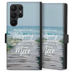 DeinDesign Galaxy S23 Ultra Handy Klapph&uuml;lle Handyh&uuml;lle aus Kunst Leder schwarz Flip Case Spruch Beach Statement Sideflip mit Lasche
