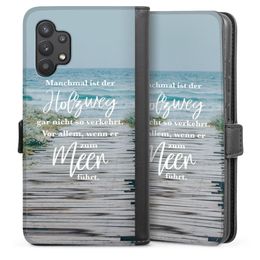 DeinDesign Galaxy A32 4G Handy Klapph&uuml;lle Handyh&uuml;lle aus Kunst Leder schwarz Flip Case Statement Beach Spruch Sideflip mit Lasche