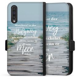 DeinDesign Galaxy A50 Handy Klapph&uuml;lle Handyh&uuml;lle aus Kunst Leder schwarz Flip Case Statement Beach Spruch Sideflip mit Lasche