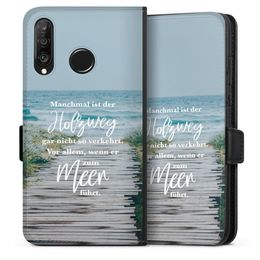DeinDesign Huawei P30 Lite Handy Klapph&uuml;lle Handyh&uuml;lle aus Kunst Leder schwarz Flip Case Statement Beach Spruch Sideflip mit Lasche