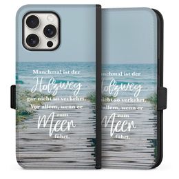 DeinDesign iPhone 15 Pro Max Handy Klapph&uuml;lle Handyh&uuml;lle aus Kunst Leder schwarz Flip Case Spruch Beach Statement Sideflip mit Lasche