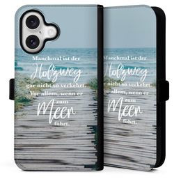 DeinDesign iPhone 16 Handy Klapph&uuml;lle Handyh&uuml;lle aus Kunst Leder schwarz Flip Case Statement Beach Spruch Sideflip mit Lasche
