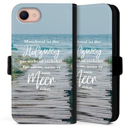 DeinDesign iPhone 16e Handy Klapph&uuml;lle Handyh&uuml;lle aus Kunst Leder schwarz Flip Case Statement Beach Spruch Sideflip mit Lasche