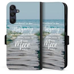 DeinDesign Galaxy A25 5G Handy Klapph&uuml;lle Handyh&uuml;lle aus Kunst Leder schwarz Flip Case Statement Beach Spruch Sideflip mit Lasche