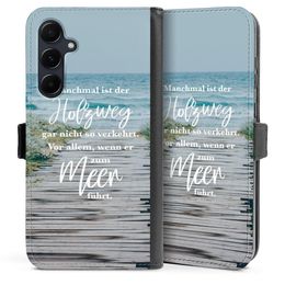 DeinDesign Galaxy A55 5G Handy Klapph&uuml;lle Handyh&uuml;lle aus Kunst Leder schwarz Flip Case Statement Beach Spruch Sideflip mit Lasche
