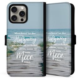 DeinDesign iPhone 16 Pro Handy Klapph&uuml;lle Handyh&uuml;lle aus Kunst Leder schwarz Flip Case Statement Beach Spruch Sideflip mit Lasche