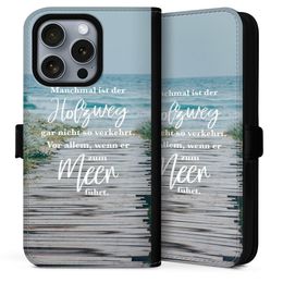 DeinDesign iPhone 16 Pro Max Handy Klapph&uuml;lle Handyh&uuml;lle aus Kunst Leder schwarz Flip Case Statement Beach Spruch Sideflip mit Lasche