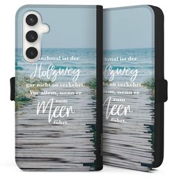 DeinDesign Galaxy S24 FE 5G Handy Klapph&uuml;lle Handyh&uuml;lle aus Kunst Leder schwarz Flip Case Statement Beach Spruch Sideflip mit Lasche