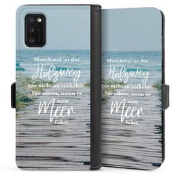 DeinDesign Galaxy A41 Handy Klapph&uuml;lle Handyh&uuml;lle aus Kunst Leder schwarz Flip Case Spruch Beach Statement Sideflip mit Lasche