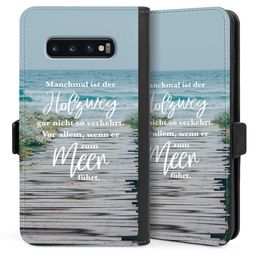 DeinDesign Galaxy S10 Plus Handy Klapph&uuml;lle Handyh&uuml;lle aus Kunst Leder schwarz Flip Case Statement Beach Spruch Sideflip mit Lasche