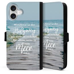 DeinDesign iPhone 16 Plus Handy Klapph&uuml;lle Handyh&uuml;lle aus Kunst Leder schwarz Flip Case Statement Beach Spruch Sideflip mit Lasche
