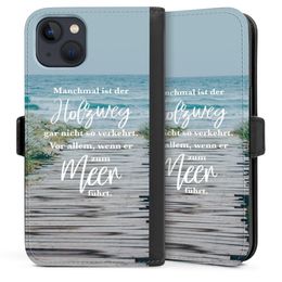 DeinDesign iPhone 13 Handy Klapph&uuml;lle Handyh&uuml;lle aus Kunst Leder schwarz Flip Case Statement Beach Spruch Sideflip mit Lasche