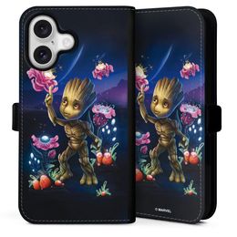 DeinDesign iPhone 16 Handy Klapph&uuml;lle Handyh&uuml;lle aus Kunst Leder schwarz Flip Case Baby Groot Marvel Guardians Of The Galaxy Sideflip mit Lasche