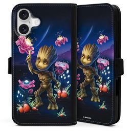 DeinDesign iPhone 16 Plus Handy Klapph&uuml;lle Handyh&uuml;lle aus Kunst Leder schwarz Flip Case Baby Groot Marvel Guardians Of The Galaxy Sideflip mit Lasche