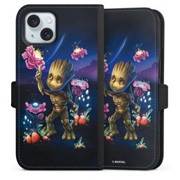 DeinDesign iPhone 15 Handy Klapph&uuml;lle Handyh&uuml;lle aus Kunst Leder schwarz Flip Case Baby Groot Marvel Guardians Of The Galaxy Sideflip mit Lasche