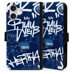 DeinDesign iPhone 16 Plus Handy Klapph&uuml;lle Handyh&uuml;lle aus Kunst Leder schwarz Flip Case Official Licensed Product Hertha Bsc Graffiti Sideflip mit Lasche
