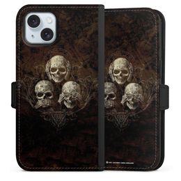 DeinDesign iPhone 15 Handy Klapph&uuml;lle Handyh&uuml;lle aus Kunst Leder schwarz Flip Case Gothic Art Skulls Sideflip mit Lasche