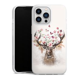 DeinDesign iPhone 13 Pro Handy Silikon H&uuml;lle Case wei&szlig; Handyh&uuml;lle Deer Flowers Animals Silikon Case