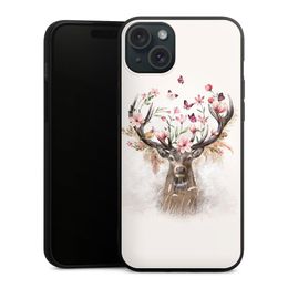 DeinDesign iPhone 15 Plus Handy Premium Silikon H&uuml;lle Handyh&uuml;lle schwarz Case Deer Flowers Animals Silikon Premium Case