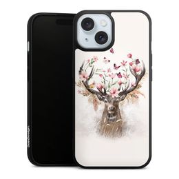 DeinDesign iPhone 15 Handy Premium Silikon H&uuml;lle Handyh&uuml;lle schwarz Case Deer Flowers Animals Silikon Premium Case