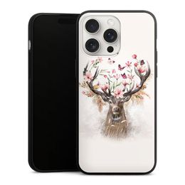 DeinDesign iPhone 15 Pro Max Handy Premium Silikon H&uuml;lle Handyh&uuml;lle schwarz Case Deer Flowers Animals Silikon Premium Case