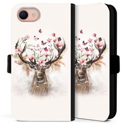 DeinDesign iPhone 16e Handy Klapph&uuml;lle Handyh&uuml;lle aus Kunst Leder schwarz Flip Case Deer Flowers Animals Sideflip mit Lasche