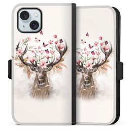 DeinDesign iPhone 15 Handy Klapph&uuml;lle Handyh&uuml;lle aus Kunst Leder schwarz Flip Case Deer Flowers Animals Sideflip mit Lasche