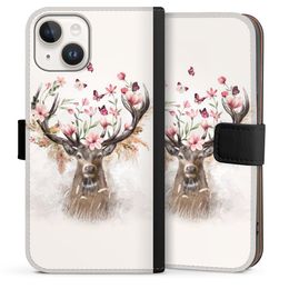 DeinDesign iPhone 14 Handy Klapph&uuml;lle Handyh&uuml;lle aus Kunst Leder schwarz Flip Case Deer Flowers Animals Sideflip mit Lasche
