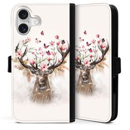 DeinDesign iPhone 16 Plus Handy Klapph&uuml;lle Handyh&uuml;lle aus Kunst Leder schwarz Flip Case Deer Flowers Animals Sideflip mit Lasche