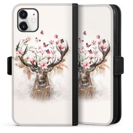 DeinDesign iPhone 11 Handy Klapph&uuml;lle Handyh&uuml;lle aus Kunst Leder schwarz Flip Case Deer Flowers Animals Sideflip mit Lasche