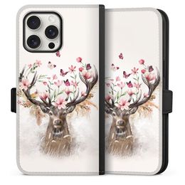 DeinDesign iPhone 15 Pro Max Handy Klapph&uuml;lle Handyh&uuml;lle aus Kunst Leder schwarz Flip Case Deer Flowers Animals Sideflip mit Lasche