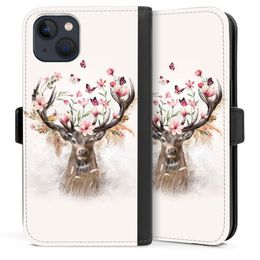 DeinDesign iPhone 13 Handy Klapph&uuml;lle Handyh&uuml;lle aus Kunst Leder schwarz Flip Case Deer Flowers Animals Sideflip mit Lasche
