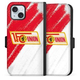DeinDesign iPhone 15 Handy Klapph&uuml;lle Handyh&uuml;lle aus Kunst Leder schwarz Flip Case 1. Fc Union Berlin Logo Official Licensed Product Sideflip mit Lasche