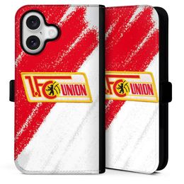 DeinDesign iPhone 16 Handy Klapph&uuml;lle Handyh&uuml;lle aus Kunst Leder schwarz Flip Case 1. Fc Union Berlin Logo Official Licensed Product Sideflip mit Lasche