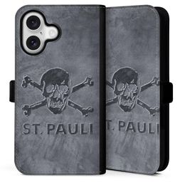 DeinDesign iPhone 16 Handy Klapph&uuml;lle Handyh&uuml;lle aus Kunst Leder schwarz Flip Case Logo Fc St. Pauli Concrete Sideflip mit Lasche