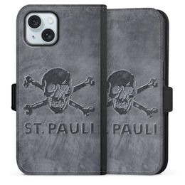 DeinDesign iPhone 15 Handy Klapph&uuml;lle Handyh&uuml;lle aus Kunst Leder schwarz Flip Case Logo Fc St. Pauli Concrete Sideflip mit Lasche