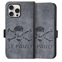 DeinDesign iPhone 15 Pro Max Handy Klapph&uuml;lle Handyh&uuml;lle aus Kunst Leder schwarz Flip Case Logo Fc St. Pauli Concrete Sideflip mit Lasche