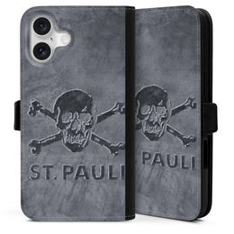 DeinDesign iPhone 16 Plus Handy Klapph&uuml;lle Handyh&uuml;lle aus Kunst Leder schwarz Flip Case Logo Fc St. Pauli Concrete Sideflip mit Lasche