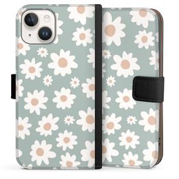 DeinDesign iPhone 14 Handy Klapph&uuml;lle Handyh&uuml;lle aus Kunst Leder schwarz Flip Case Daisy Muster Flowers Sideflip mit Lasche