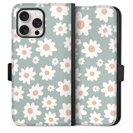 DeinDesign iPhone 15 Pro Max Handy Klapph&uuml;lle Handyh&uuml;lle aus Kunst Leder schwarz Flip Case Daisy Muster Flowers Sideflip mit Lasche
