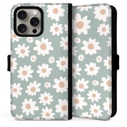 DeinDesign iPhone 16 Pro Handy Klapph&uuml;lle Handyh&uuml;lle aus Kunst Leder schwarz Flip Case Daisy Muster Flowers Sideflip mit Lasche