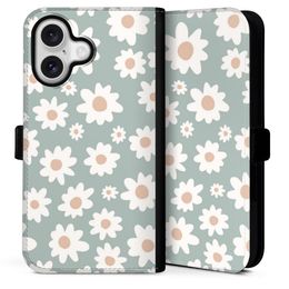 DeinDesign iPhone 16 Handy Klapph&uuml;lle Handyh&uuml;lle aus Kunst Leder schwarz Flip Case Daisy Muster Flowers Sideflip mit Lasche