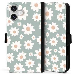 DeinDesign iPhone 16 Plus Handy Klapph&uuml;lle Handyh&uuml;lle aus Kunst Leder schwarz Flip Case Daisy Muster Flowers Sideflip mit Lasche