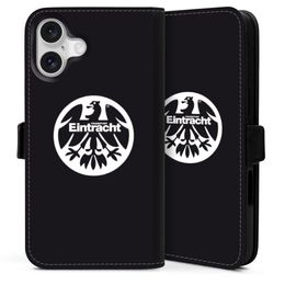 DeinDesign iPhone 16 Plus Handy Klapph&uuml;lle Handyh&uuml;lle aus Kunst Leder schwarz Flip Case Logo Eintracht Frankfurt Eagle Sideflip mit Lasche