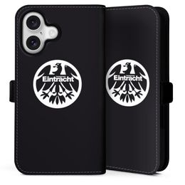 DeinDesign iPhone 16 Handy Klapph&uuml;lle Handyh&uuml;lle aus Kunst Leder schwarz Flip Case Logo Eintracht Frankfurt Eagle Sideflip mit Lasche